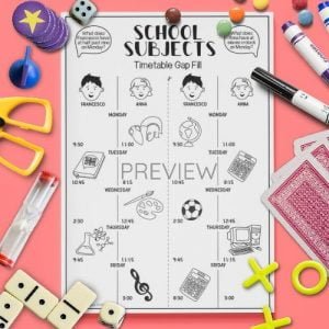 School Subjects | Timetable Gap Fill Game | ESL Worksheet
