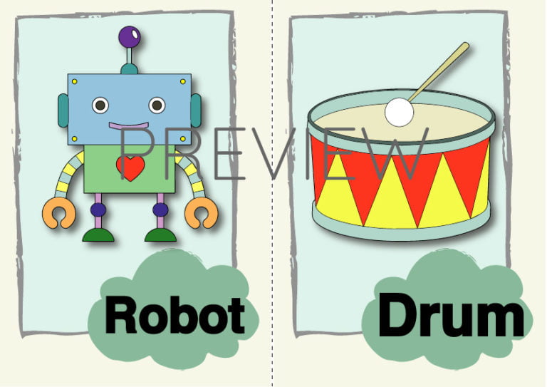 Robot and Drum Flashcard | Gru Languages