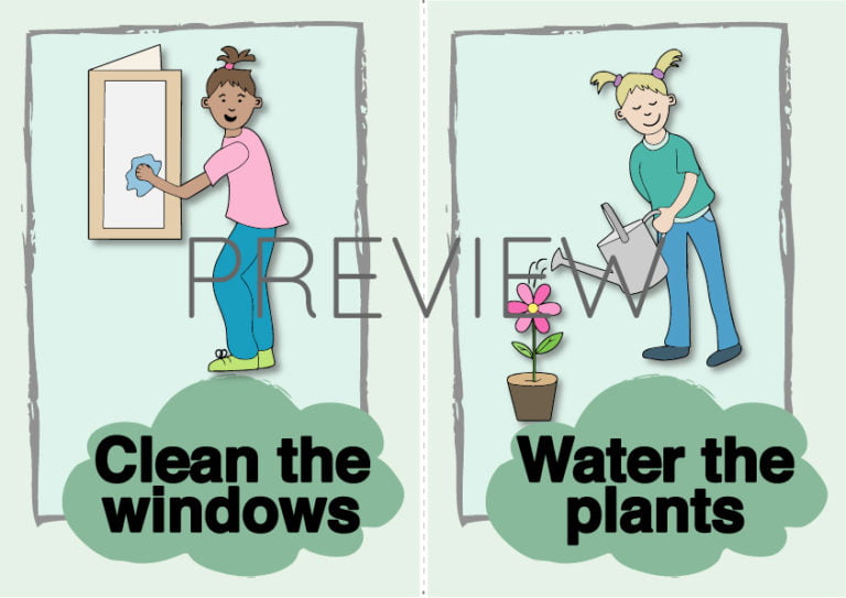 Clean The Windows & Water The Plants Flashcard | Gru Languages